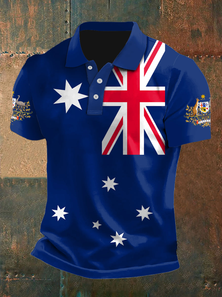 Vintage Australian Flag Crest Printed Casual Cotton Short Sleeve Polo ...